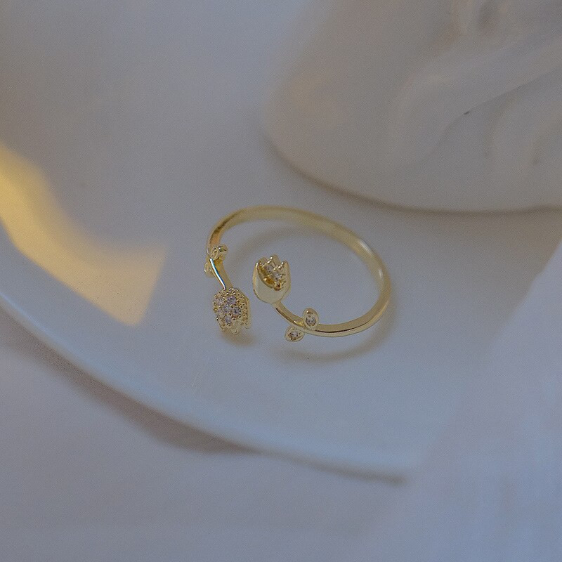 Gold Color Rose Flower Ring for Girl Adjustable Zircons Jewelry